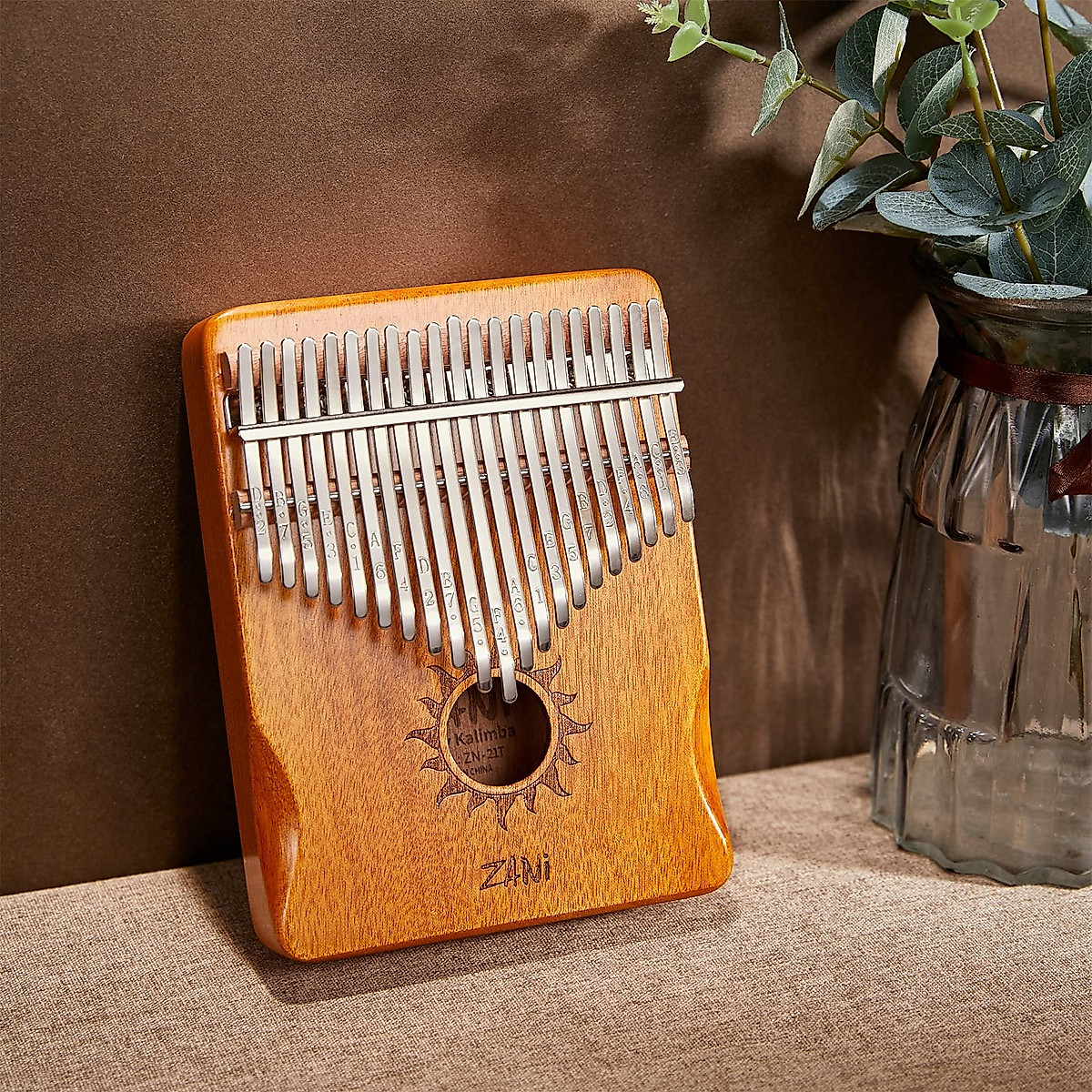 TienClef Kalimba Thumb Piano 21 Keys with Engraved Notes Helios Pattern Handhold Cute Finger Piano Mabogany Solid Wood Portable Musical Instrument with Music Book for Kids Adult Beginner (Natrual)