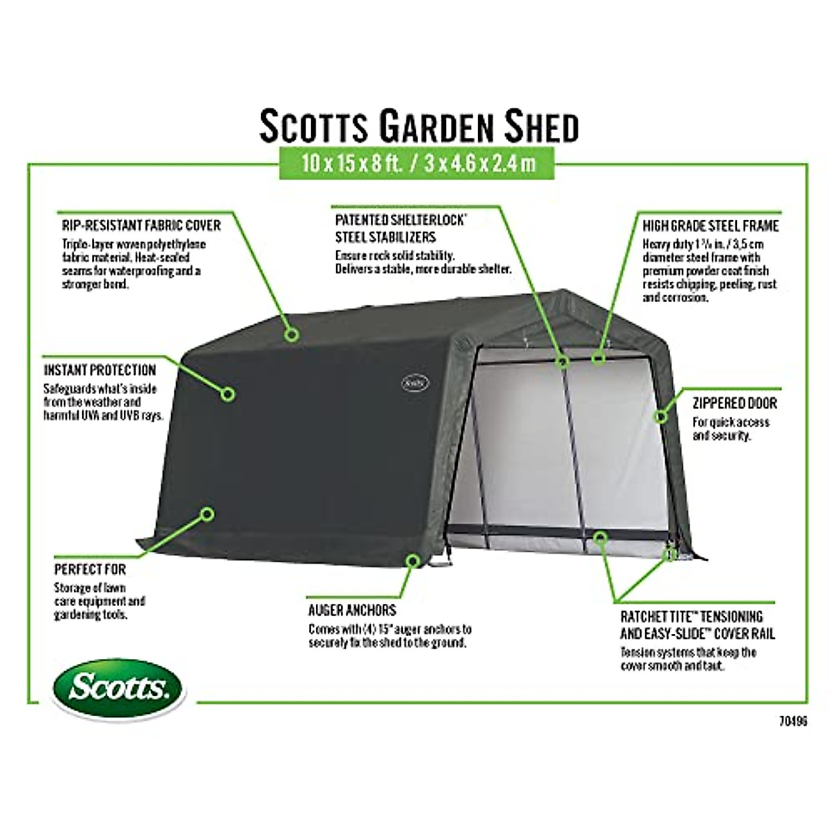 Scotts 10' x 15' x 8' All Season Outdoor Storage Shed with Waterproof Cover, Green