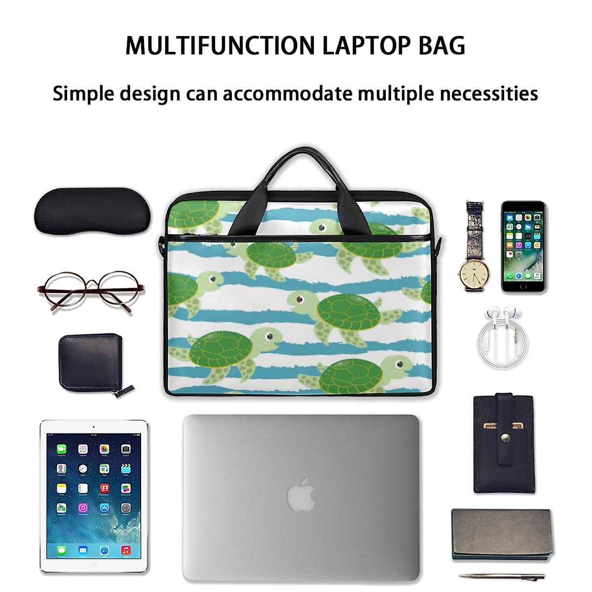 Cartoon Turtle Stripe Laptop Computer Bag Waterproof Shoulder Messenger Bag 13-15 inch Durable Laptop Tote Bag with Shoulder Strap Handle Lightweight Crossbody Briefcase