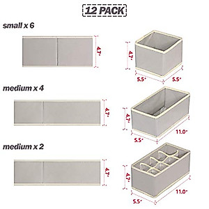 Set of 12 Foldable Drawer Organizer Dividers Cloth Storage Box Closet Dresser Organizer Cube Fabric Containers Basket Bins for Underwear Bras Socks Panties Lingeries Nursery Baby Clothes Grey NN246
