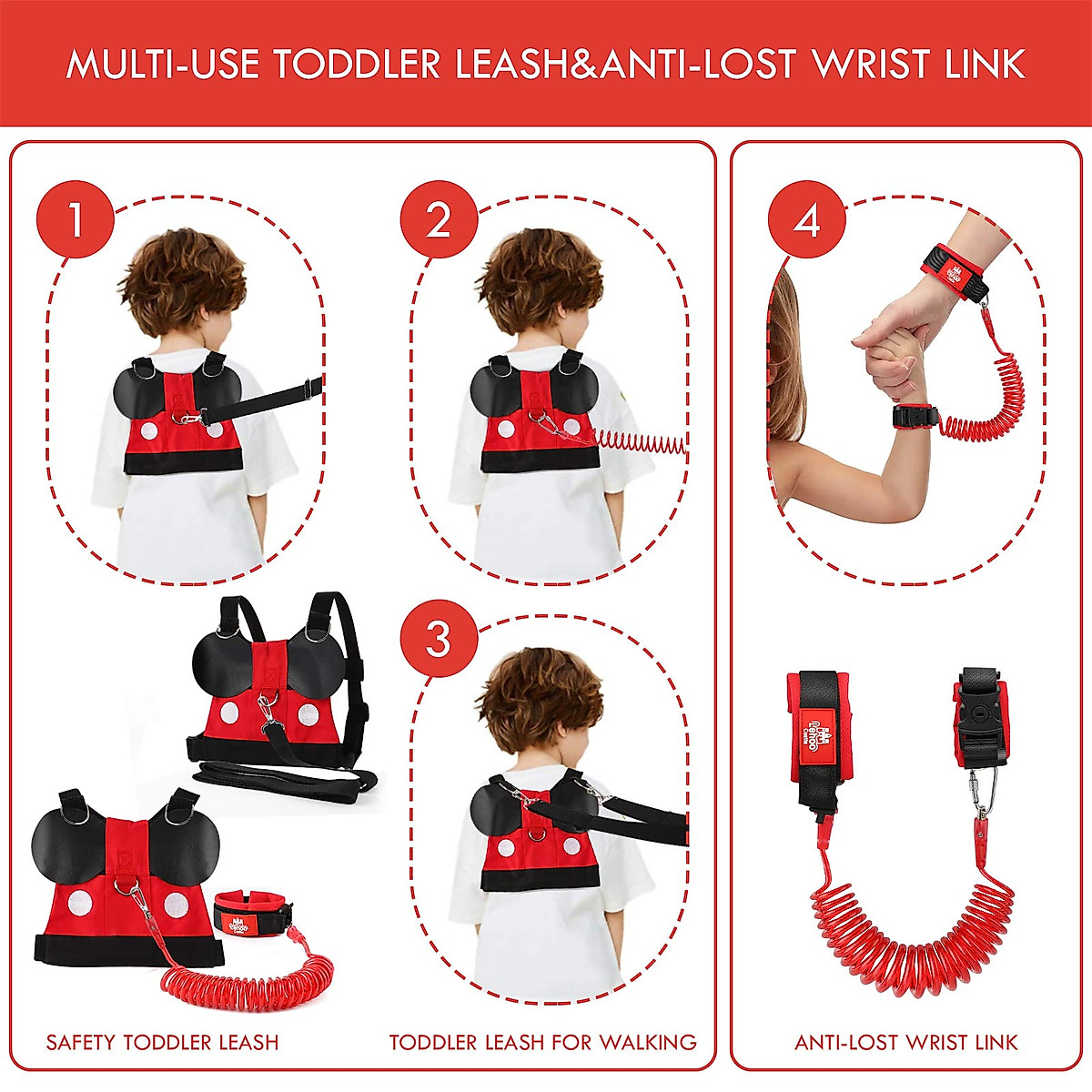 Toddlers Leash for Walking + Anti Lost Wrist Link Safety Wrist 4 in 1 for Toddlers, Child, Babies & Kids, Safety Harness Kids Walking Wristband Assistant Strap Belt (Mickey)