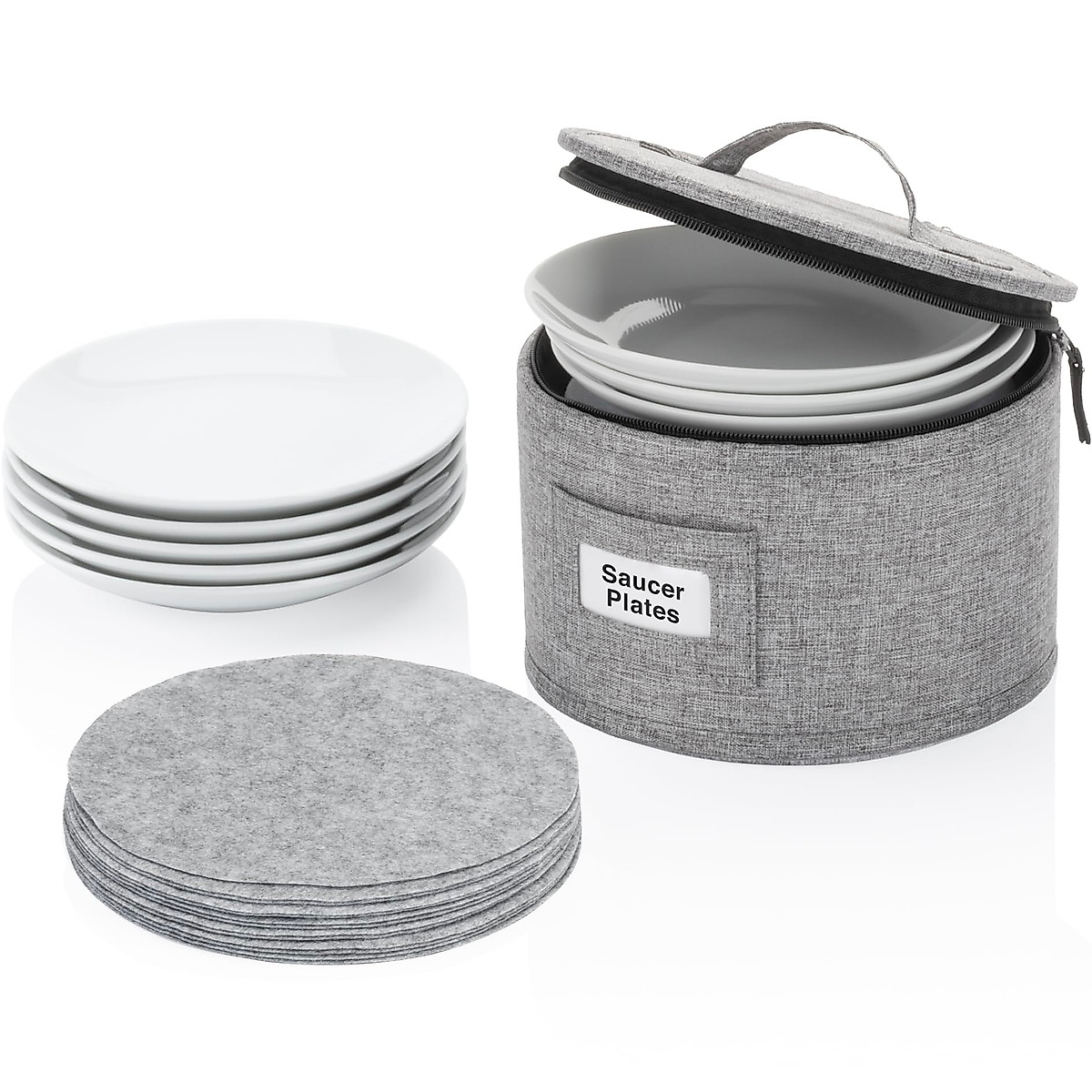China Storage Container for Saucer and Appetizer Plates - 7" W x 5.5" H - Includes 12 Felt Dividers. Hard Shell and Stackable