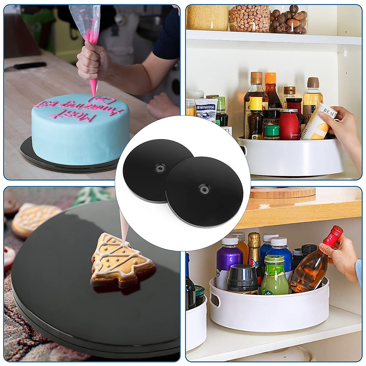 Suiwotin 2PCS 150mm/6inch Acrylic Cookie Decorating Turntable Organizer for Kitchen Spice Rack, Makeup, Table Cake, Cabinets, with 360 Degree Rotating Bearings (Black)