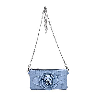Mellow World Arina Vegan Leather Floral Decoration Crossbody Handbag with removable strap and wristlet Blue