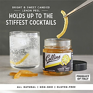 Collins Lemon Twist in Syrup Candied Citrus Peel - Popular Cocktail Garnish for Margarita, Martini, Lemon Drop, Old Fashioned Drinks, Peel for Baking - 10.9oz Jar