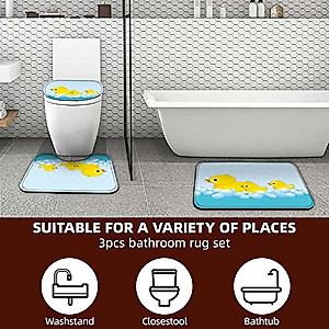 EARVO Cute Yellow Duck Taking Bath Shower Curtain 4Pcs Bath Sets with Non-Slip Rugs U-Shaped Mat Toilet Lid Cover for Kids Baby Bathroom Decor 71x72 inches Polyester Fabric 12 Hooks SETMYEA34