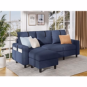 Tornama 80" L Shaped Sectional Sofas 3 Seater Couch with Reversible Ottoman Modern Linen Fabric Small Sectional Couch for Living Room, Apartment, Small Space, Blue