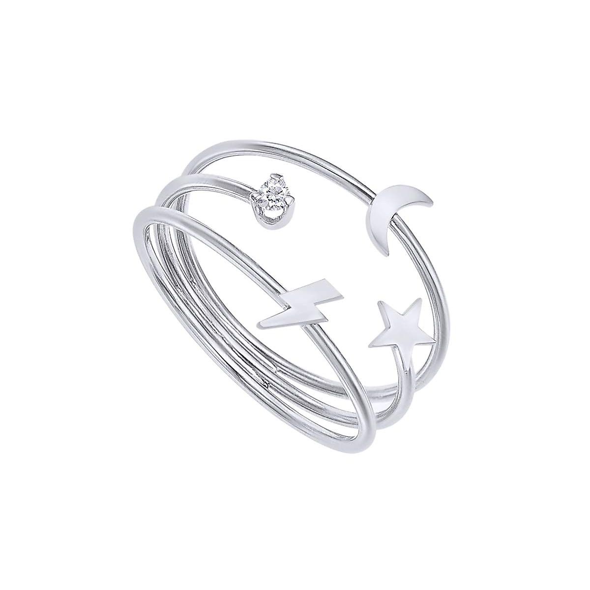 Samaira Jewelry Natural Diamond Accent Dainty Lightning Bolt, Moon & Star Three-Band Ring in 14k White Gold Plated 925 Sterling Silver Ring (0.04 Cttw, I-J Color, I2-I3 Clarity) Size-6