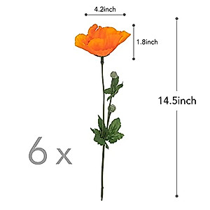 Softflame Artificial/Fake/Faux Flowers - Poppy Orange 6PCS for Wedding, Home, Party, Restaurant and Veterans Day