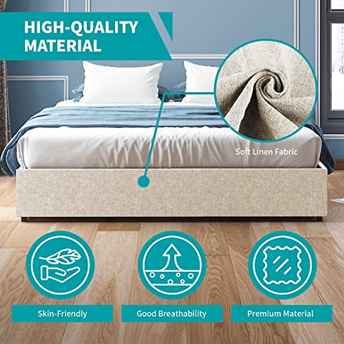 BALUS Full Size Bed Frame with Storage Drawers, Wood Slat Support Bed Frame, Linen Fabric Upholstered Platform Bed, Bed Frame with Large Storage Space Beige