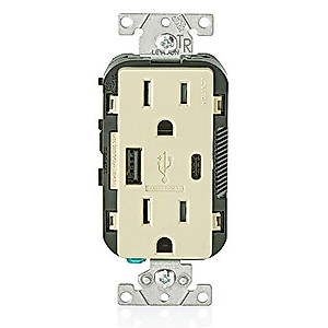 Leviton T5633-I 15-Amp Type A & Type-C USB Charger/Tamper Resistant Outlet, Not for Laptops, Ivory