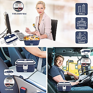 PHIWILLS 80W Electric Lunch Box 1.8L Container Food Warmer Heater, 12V/24V/110V Heated Lunchbox for Car/Truck/Work with 0.45L Compartment, Stainless Steel Spoon & Fork, Insulated Bag