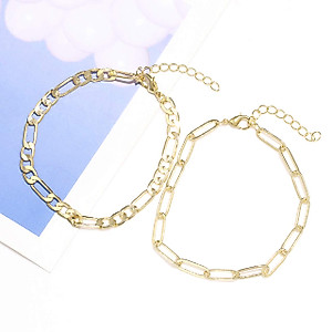 ARATLENCH Beaded Bracelet Link Chain Bracelet Set for Women Stack Stretch Beads Bracelets Minimlist Paperclip Figaro Link Chain for Women(gold bracelet set)