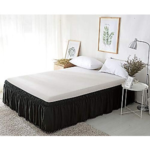 Elegant Comfort Top-Knot Tassle Pompom Fringe Ruffle Skirt Around Style Elastic Bed Wrap- Wrinkle Resistant 16 inch Drop, Queen/King, Black