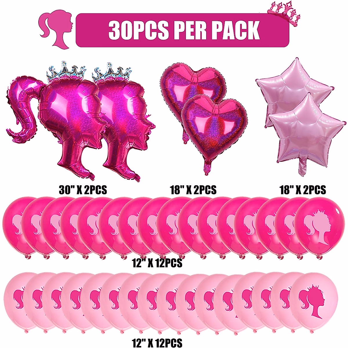 30pcs Hot Pink Princess Doll Foil Balloon Pink Heart Star Balloons Girl Head Latex Globos Kit For Princess Party Decorations Makeup Bachelorette Photo Backdrop Little Girl Adult Birthday Supply
