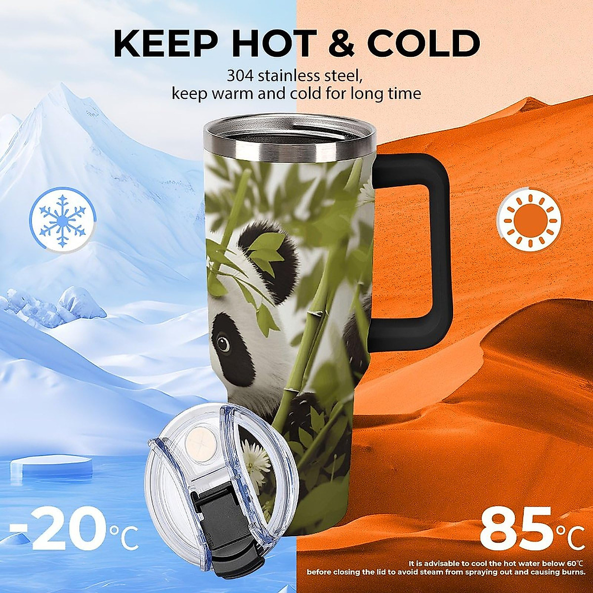 YTLKGFP 40 Oz Large Capacity Car Cup Panda Tumbler with Handle (Black) Straw Lid Insulated Stainless Steel Water Bottle Travel Mug Leak-proof Car Cup Keeps Cold Or Hot