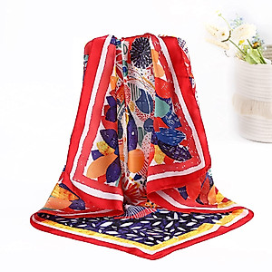 AWAYTR 27.5” Silk Satin Square Head Scarf/Scarves for Women Hair Bandanas Sleeping Neck Head Kerchief/Wraps (Flowering Leaves (Beige/Orange/Navy/Red)), 4PCS
