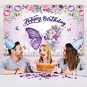 Butterfly Happy Birthday Backdrop, Purple Butterfly Decorations Banner for Girl Women Floral Butterfly Backdrop for Baby Shower Fairy Birthday Decorations, Spring Butterfly Birthday Party Supplies