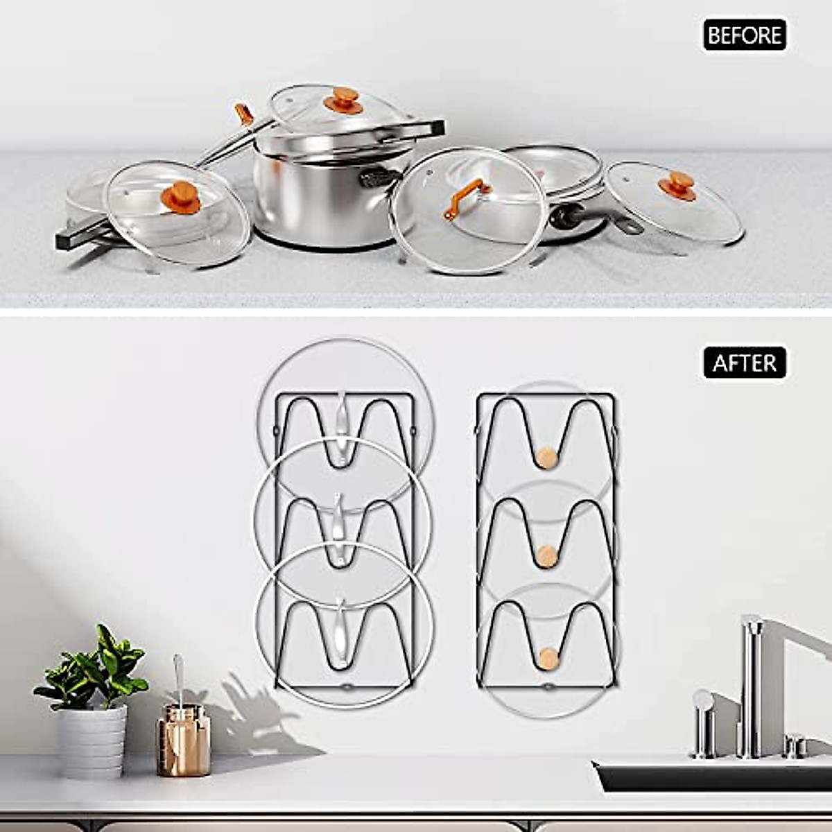 SGOOOD 2 Pack Pot Lid Organizer Rack - 3 Tier Pot Lids Holder No Drilling Adhesive Wall Mounted Lid Rack for Kitchen Cabinet Door Mounted Pot and Pan Covers Holder Rack, Black