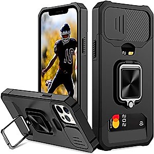 Nvollnoe for iPhone 12/12 Pro Case with Sliding Camera Cover and Card Holder Heavy Duty Protective iPhone 12 Case with Ring Magnetic Kickstand Phone Case for iPhone 12/12 Pro(Black)