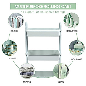 TOOLF Utility Rolling Cart with Lockable Wheels, Multi-Purpose Storage Organizer, Organizer Trolley with Handles, Serving Trolley with Mesh Basket for Home, Office, Kitchen, Bathroom (Green)