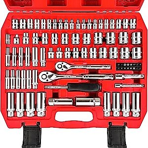 WETT 1/4" and 3/8" Drive Socket Set, 86-Piece Socket Wrench Set with Quick-Release Ratchet, Extention Bar, Adapter, 1/4" Bits, CR-V Steel, Metric/SAE, Deep/Shallow, Mirror Chrome Finish