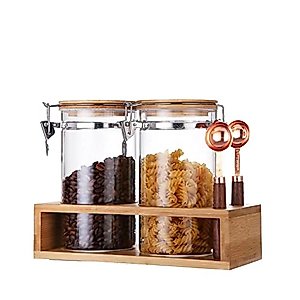 Glass Coffee Containers with Airtight Bamboo Lids & Shelf,Set of 2- 35oz Ground Coffee Canister Set With 2 Measuring Spoons, Coffe Bean Storage BPA Free Coffe Jar Glass Food Storage Jars Tea, Sugar,