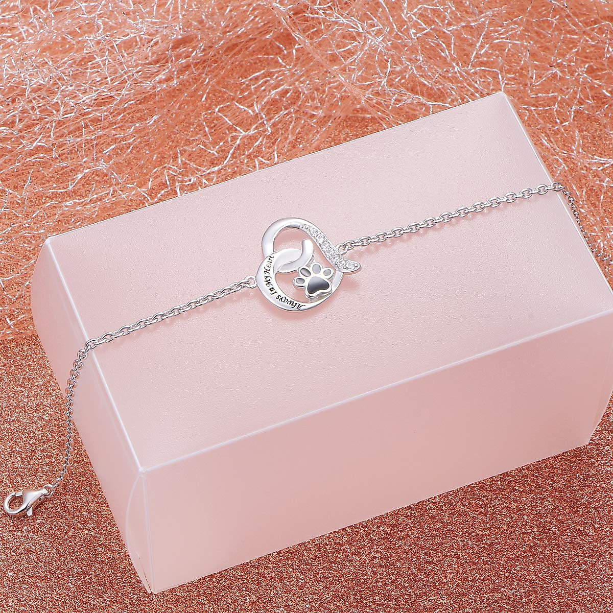 FLYOW 925 Sterling Silver Engraved Always In My Heart Cat Puppy Dog Paw Print Heart Bracelet Jewelry for Women Friends Pet Lover, 7 inch