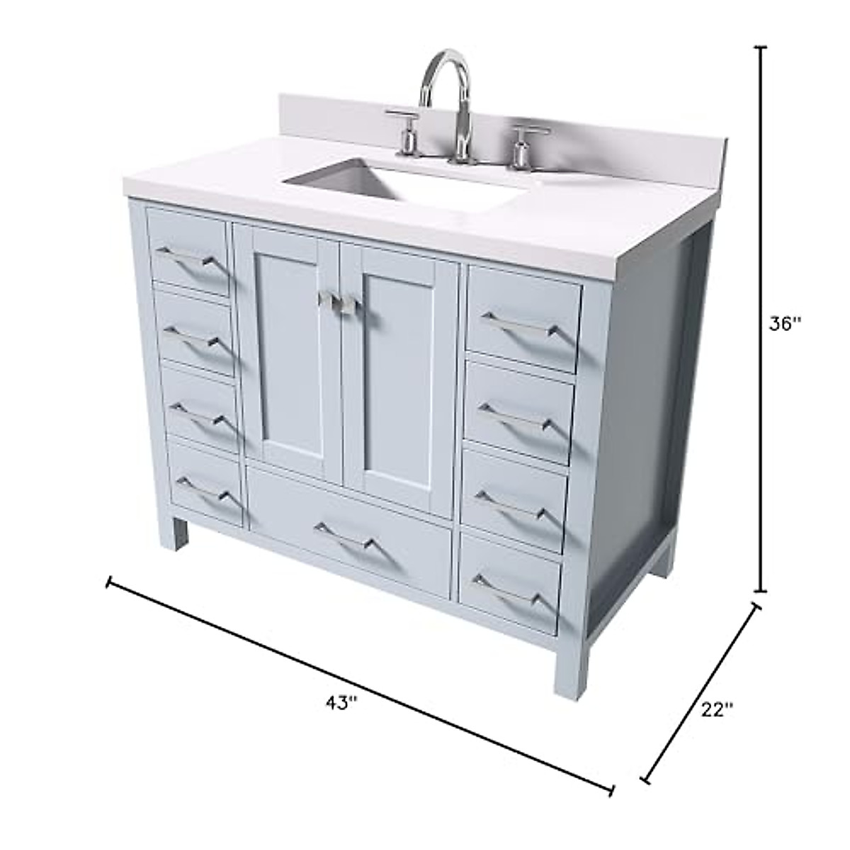 ARIEL Bathroom Vanity 43" Inch in Grey with Pure White Quartz Countertop, Rectangular Sink, 2 Soft Closing Doors and 9 Full Extension Dovetail Drawers, No Mirror