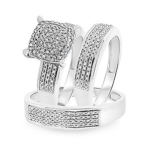 jsjewels 1/2 Carat T.W. Diamond Engagement Ring Wedding Trio Set in Solid 14K White Gold Over