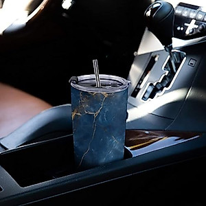 DuduYH 20 Oz Tumbler Travel Cup Elegant Blue Marble Textures Water Bottle, Stainless Steel Vacuum Insulated Coffee Mug with Straw Lid And Cleaning Brush