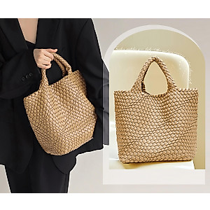 KALIDI Woven Tote Bag, Women Macaron Soft Leather Weave Handbag Purse Wrist Bag Large Capacity Work Shopping Travel Daily
