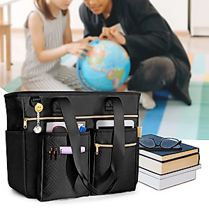 Fasrom Teacher Tote Bag for Work Women, Large Teacher Utility Bag with Padded Sleeve for up to 14 Inches Laptop and Teacher Supplies, Black (Patent Design)