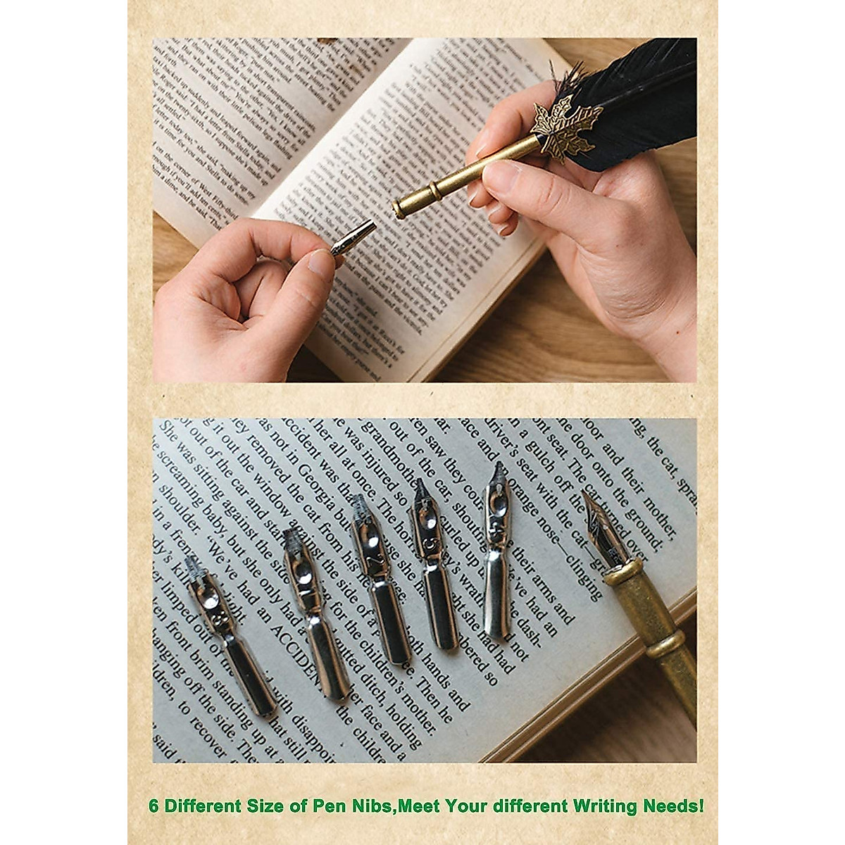 OPENDGO Vintage Feather Quill Pen and Ink Set Feather Dip Pen Calligraphy Pen Set Writing Quill Ink Dip Pen with Ink and 5 Nibs for Writing Drawing,Birthday Wedding Gift Set