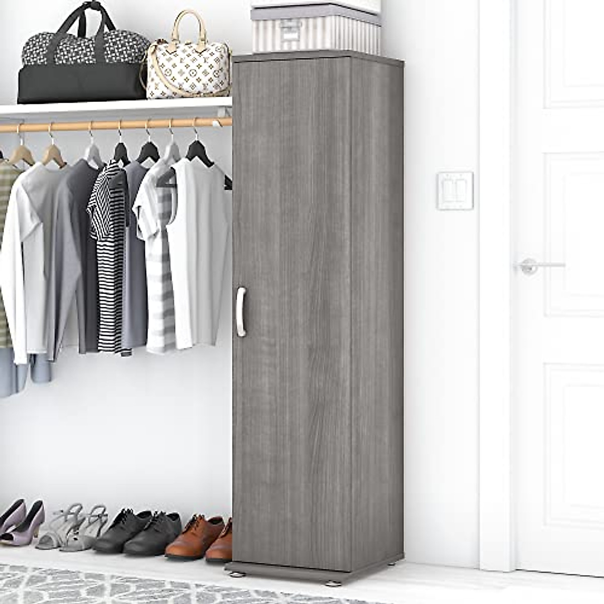 Bush Business Furniture Universal Narrow Clothing Storage Cabinet with Door and Shelves, Platinum Gray