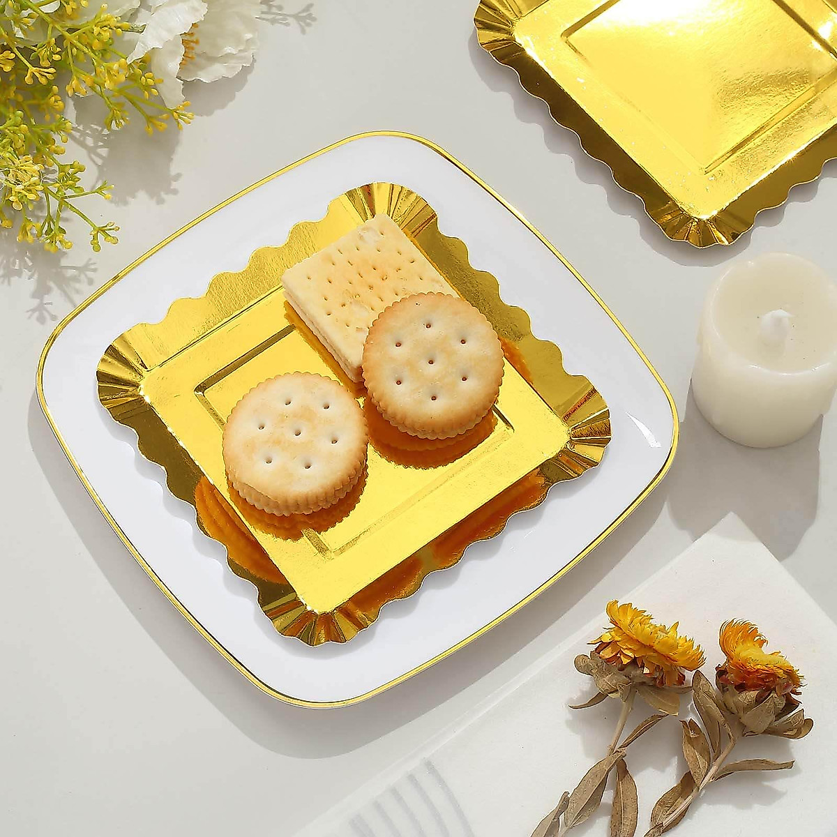 Efavormart 50 Pack | 5" Gold Foil Scalloped Rim Dessert Paper Plates, Disposable Square Appetizer Plates