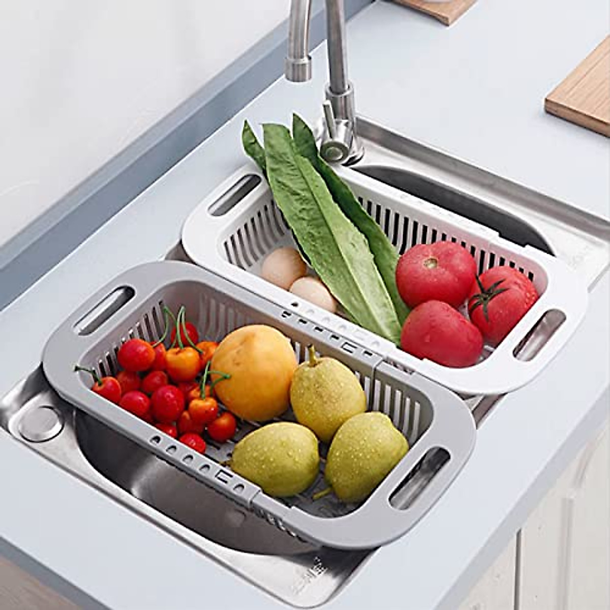 Creahappy 14inch Extendable Over the Sink Colander Strainer Basket Adjustable Strainer Sink Washing Basket Collapsible Colander Fruit Vegetable Strainer Drainer Basket for Kitchen Sink