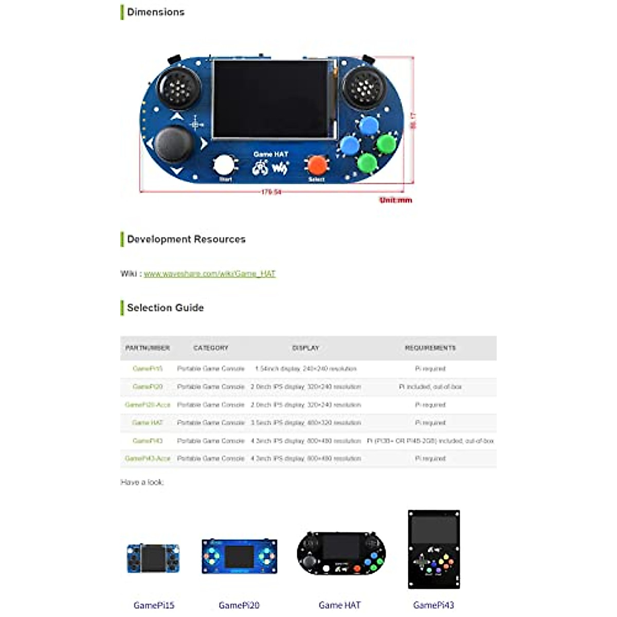 Waveshare Game HAT Compatible with Raspberry Pi 4B/A+/B+/2B/3B/3B+/Zero W/Zero WH 3.5inch IPS Screen 480×320 Resolution Onboard Speaker and Earphone Jack