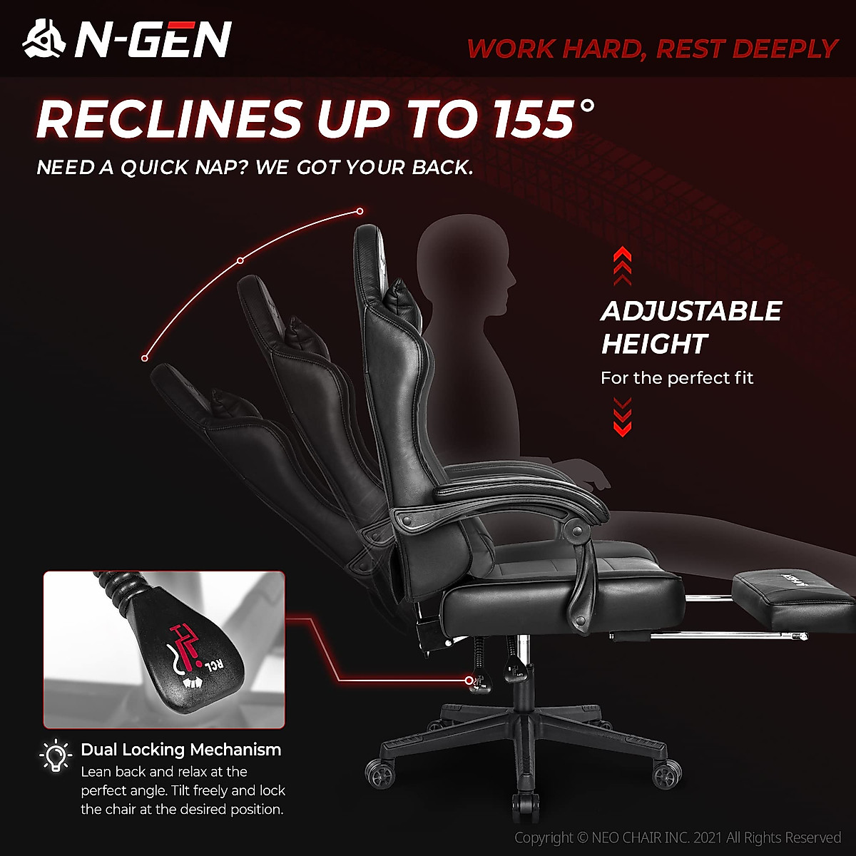 N-GEN Gaming Chair with Footrest Levelled Seat PU Leather Adjustable Ergonomic Lumbar Support High Back Office Swivel Computer Desk Headrest E-Sports PC Gamer Height Reclining (3. Black)