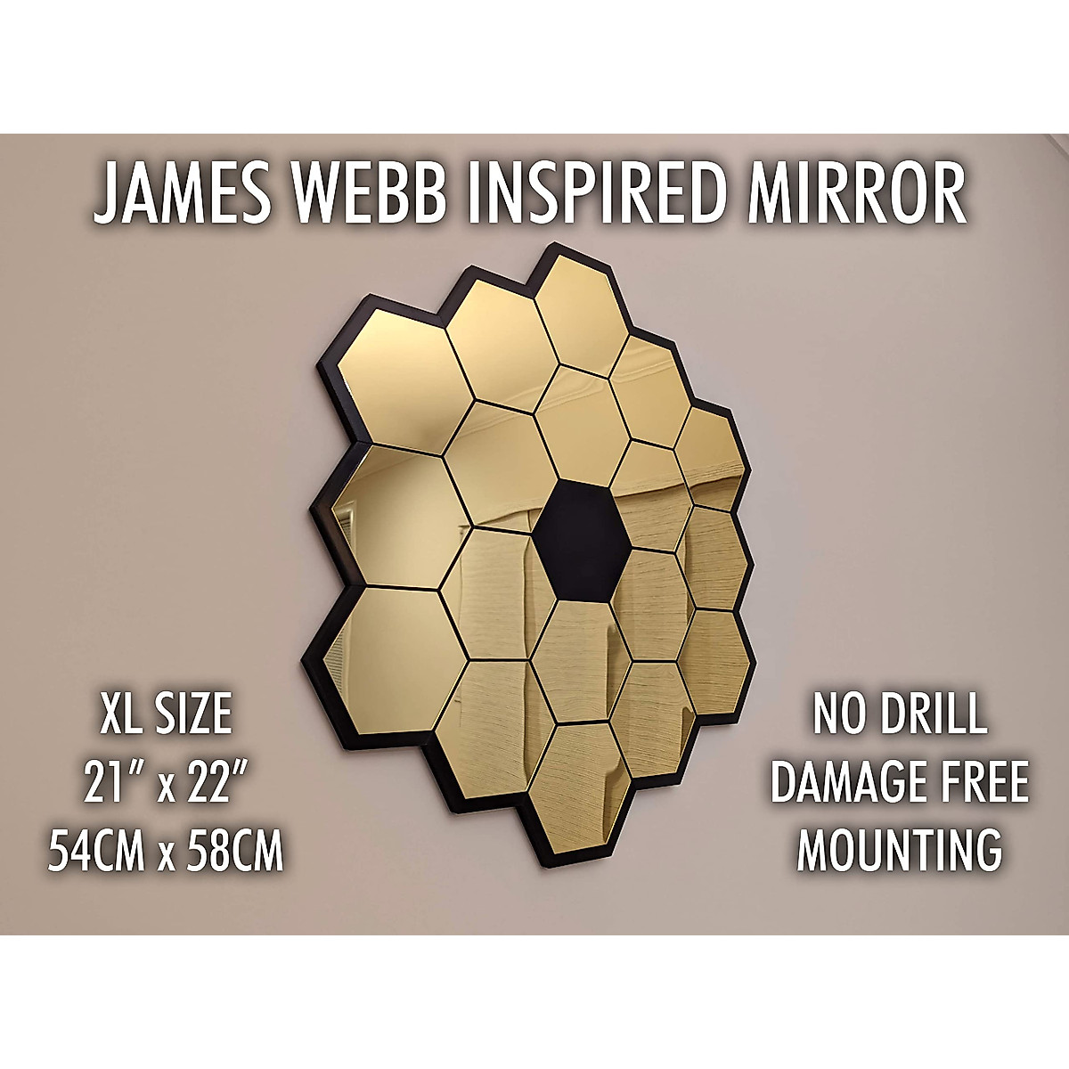 XL Space Telescope James Webb Inspired Mirror - Extra Large Size Sturdy - No Drill Damage Free Mounting Options - Home Decor Reflective Honeycomb Wall Art (Command Strip Mount)