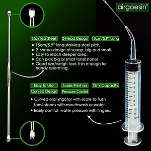 Airgoesin Upgraded 2 Lighted Tonsil Stone Remove Tool Tonsillolith Pick + Irrigation Clean Syringe Fresh Breath Oral Rinse