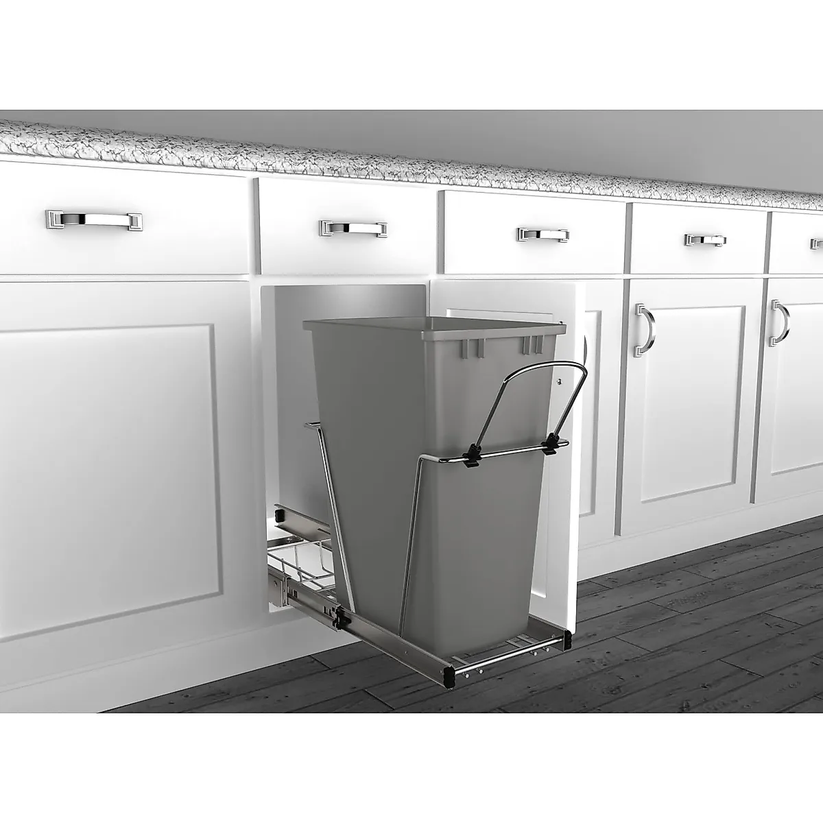 Rev-A-Shelf RV-12KD-17C Single 35 Quart Kitchen Cabinet Pull-Out Trash Can Waste Bin Container with Rear Storage and Chrome-Plated Wire Bottom Mount