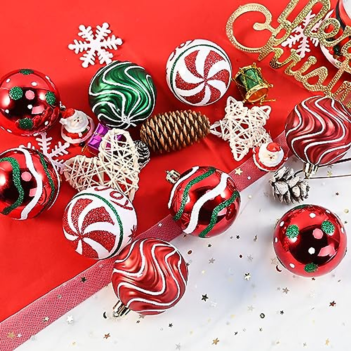 pyntop 30 PCS Christmas Balls Ornaments, 2.36'' Red Green White Christmas Balls, Shatterproof Xmas Balls Decoration for Christmas Tree, Painting & Glittering Christmas Hanging Ball for Party Event
