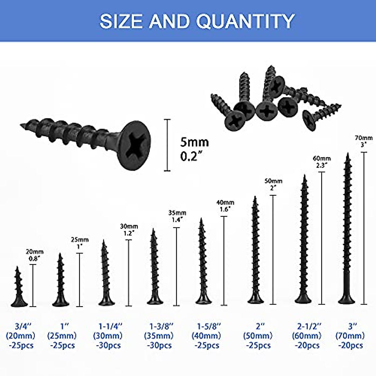 XOOL 200PCS Drywall Screws #7 Coarse Thread Sharp Point Self Tapping Screws Assortment Kit Black, Carbon Steel Wood Screws for Drywall Sheetrock, Wood, Furniture Cabinet