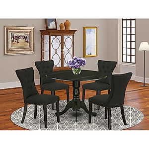 East West Furniture DLGA5-BLK-24 5 Piece Kitchen Table Set for 4 Includes a Round Dining Room Table with Dropleaf and 4 Black Linen Fabric Upholstered Chairs, 42x42 Inch, Black