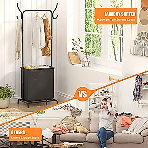Waktavel Laundry Cart with Hanging Rack, Freestanding Laundry Hamper with Clothing Rack, Laundry Sorter with Hanging Bar and 2 Side Hook for Living Room Bedroom Entrance