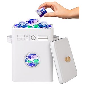 Skywin Metal Laundry Pod Container with Lift-Up Lid Wooden Handle - Laundry Pod Storage Container for Laundry Room Organization Laundry & Dishwasher Pod Laundry Container (White)