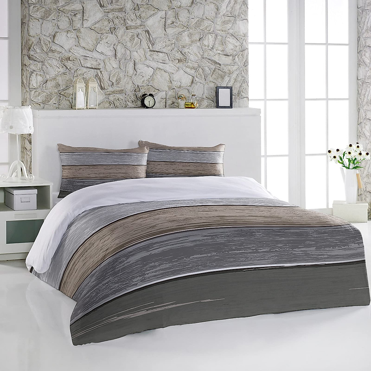 Chees D Zone 3 Pieces Bedding Duvet Cover Set Vintage Country Style,Ultra Soft Microfiber Quilt Covers and Pillow Shams for Bedroom,Farmhouse Gradient Gray Wood Grain Bed Sets All Seasons Use Queen