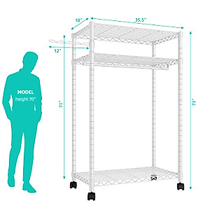 PUNION Heavy Duty Rolling Garment Rack,Portable Clothes Rack for Hanging Clothes,Clothing Rack,Wardrobe Storage Rack with 3 Shelves,1 Hang Rod,1 Side Hook,36" Lx18 Wx71 H, Max Load 500LBS, White,GR1