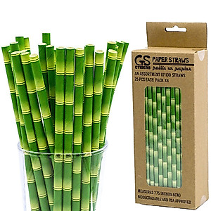 CTIGERS Bamboo Print Biodegradable Drinking Paper Straws for Party Box of 100